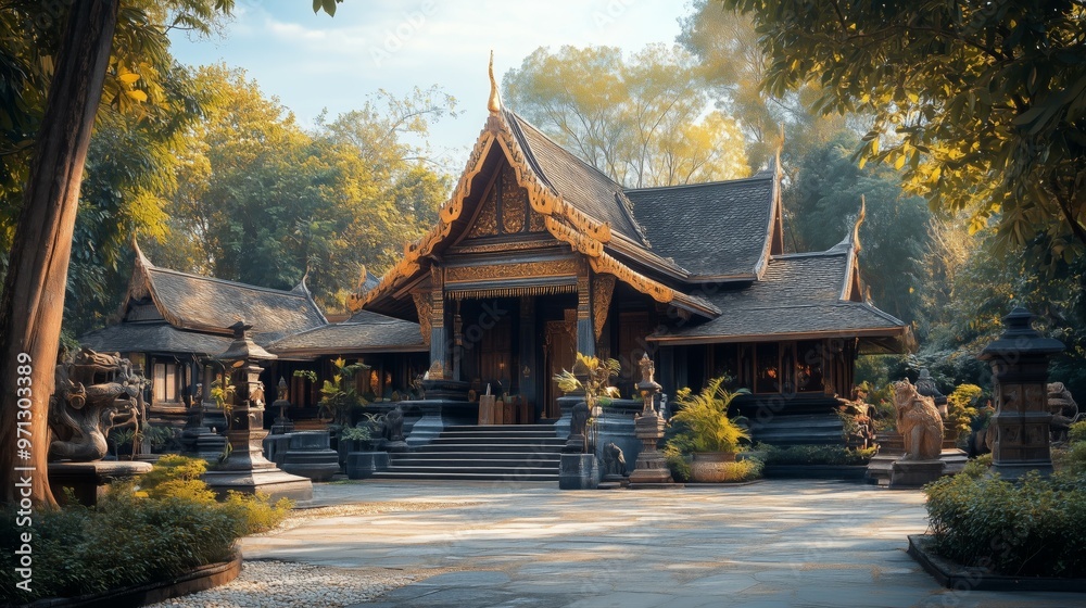 Traditional Thai Temple Architecture Golden Roof Stone Pathway Lush ...