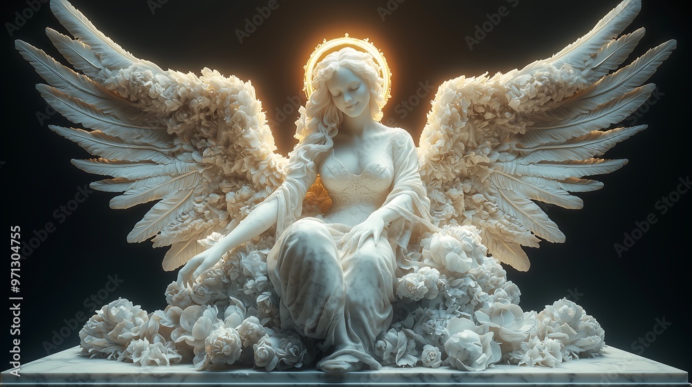 White background, stone statues of goddesses, angels, Athena, beautiful ...
