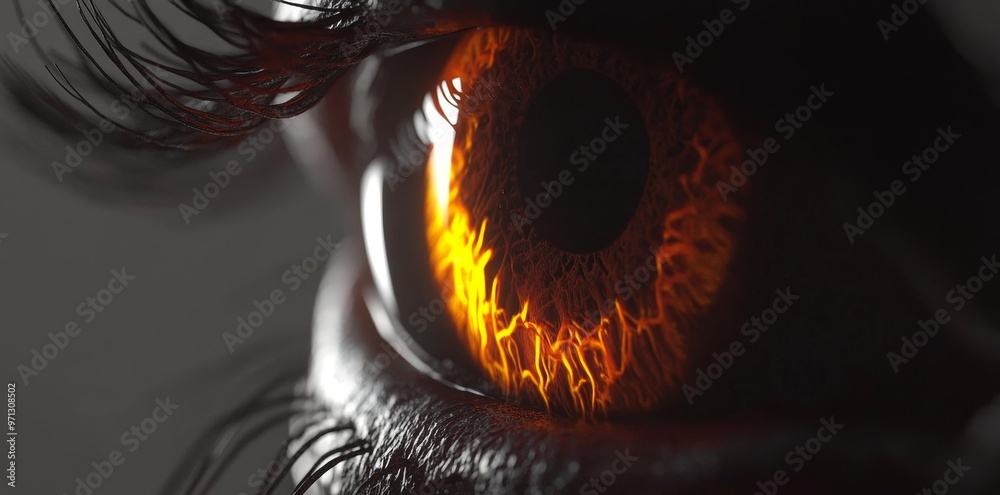 A woman's red eye in the dark. Piercing eyes. Demonic eyes burning ...