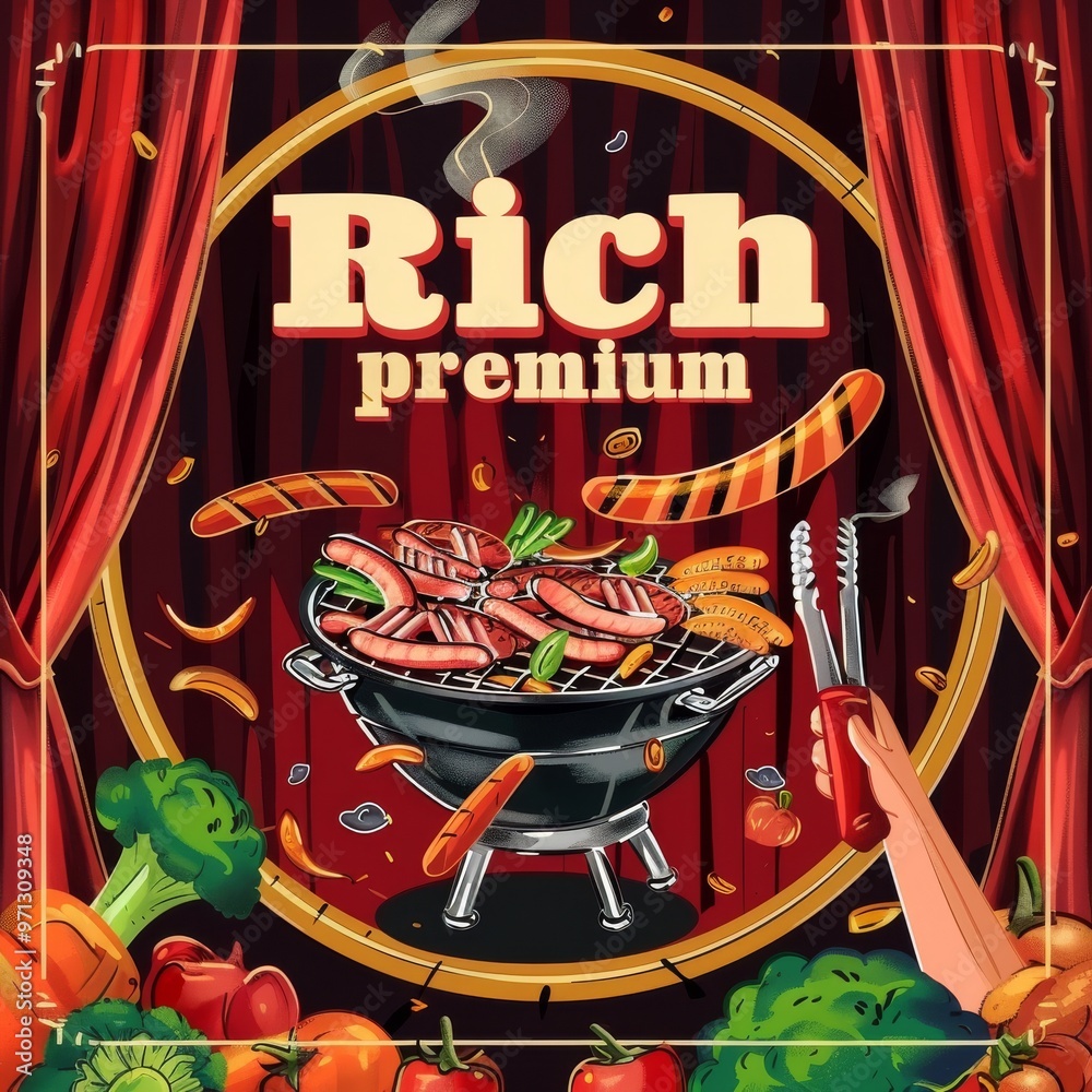 advertising poster for "Rich premium BBQ" with the text in bold letters ...