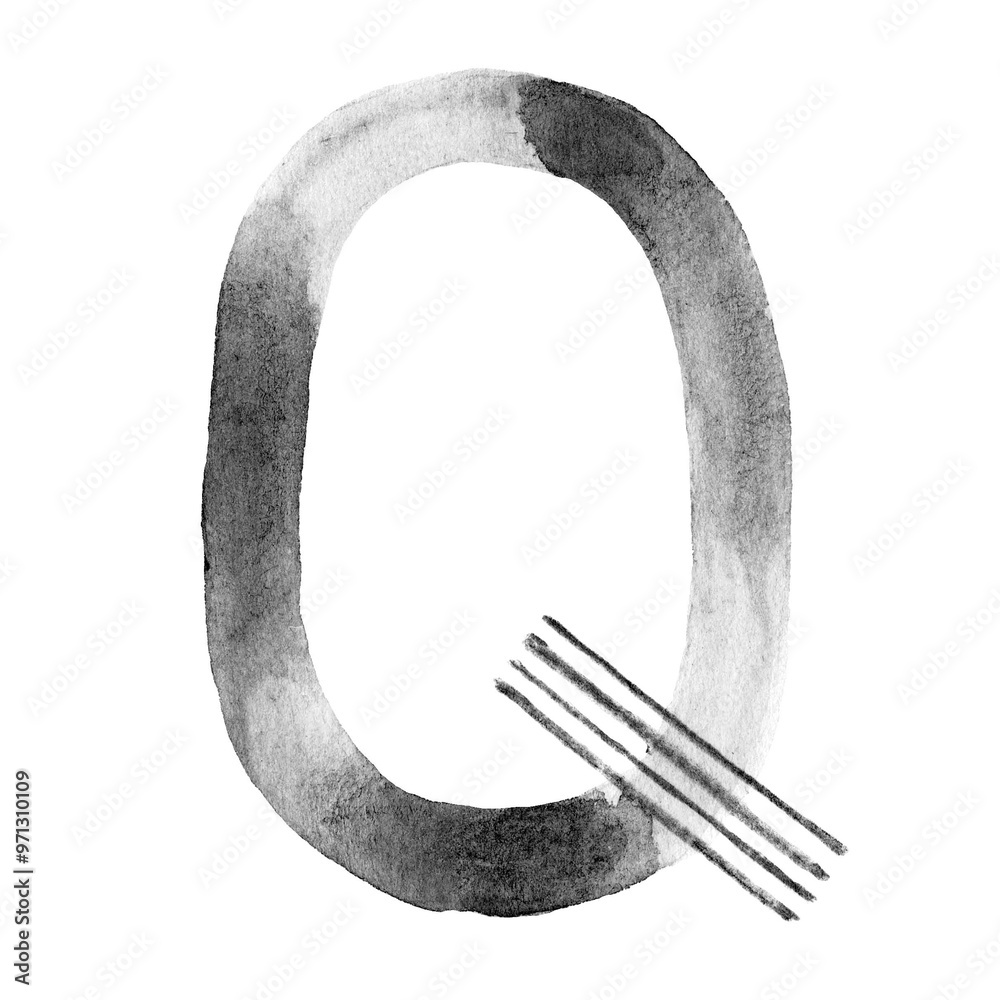 Elegant black and white watercolor letter "Q" with fluid lines and soft ...