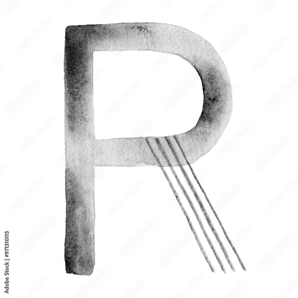 Black and white watercolor letter "R" with soft gradients and organic ...