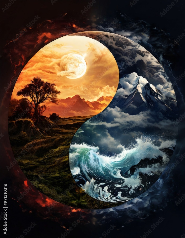 Artistic depiction of the Yin and Yang symbol, featuring contrasting ...
