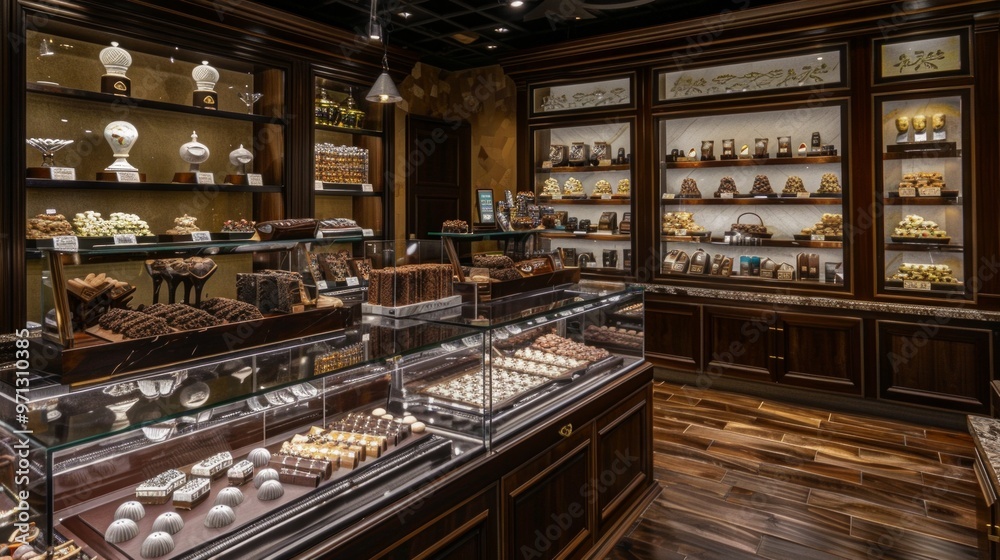 Imagine a luxurious chocolate shop with display cases filled with ...