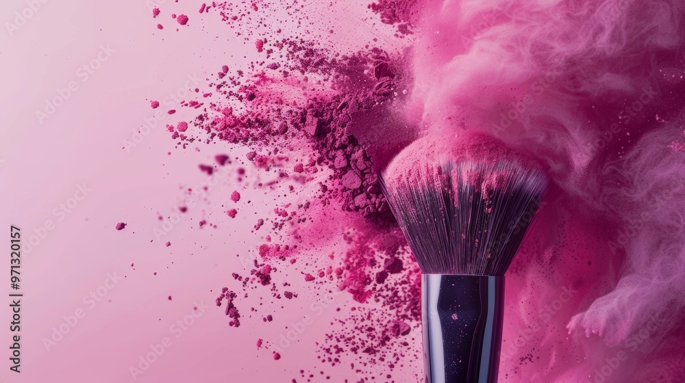 Make up brush with pink powder explosion, pink background, pink color ...