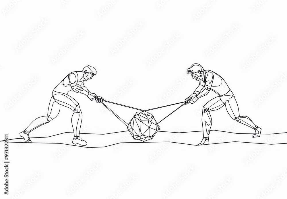 one line drawing of two men pulling on the same rope, each trying to ...