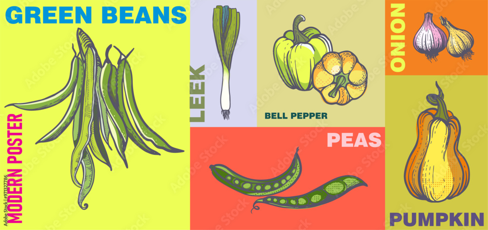 Fully editable poster of hand-drawn vegetables with text in pop art ...