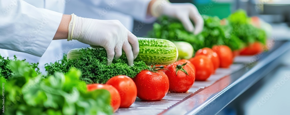 Food industry workers inspecting vegetables for freshness and defects ...