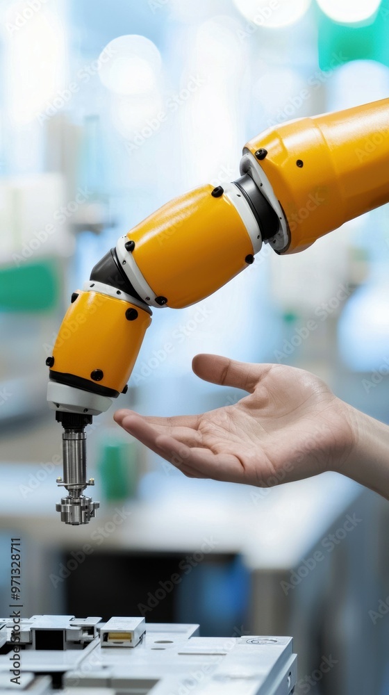 Robot arm and human hand collaborating in product quality testing ...