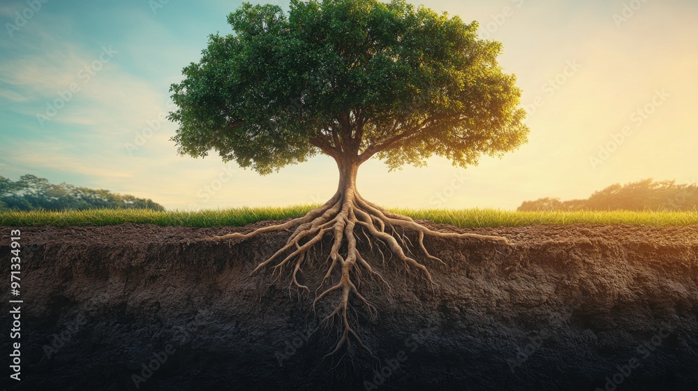A majestic tree with intricate roots spreading out beneath the soil ...