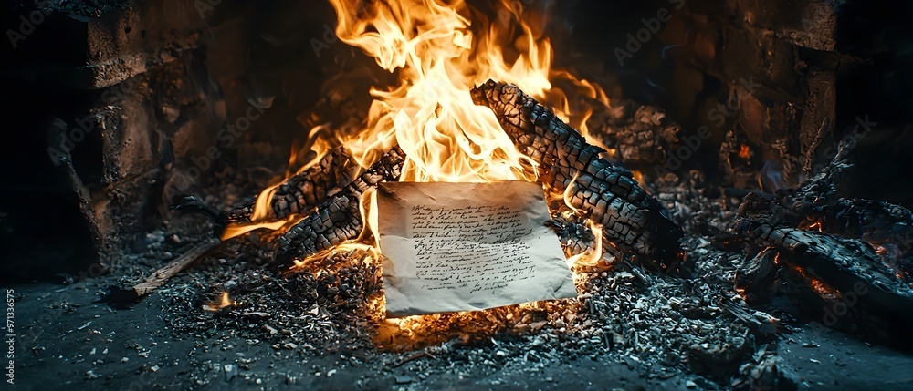 Burning letter or document disintegrating in a flickering fireplace ...