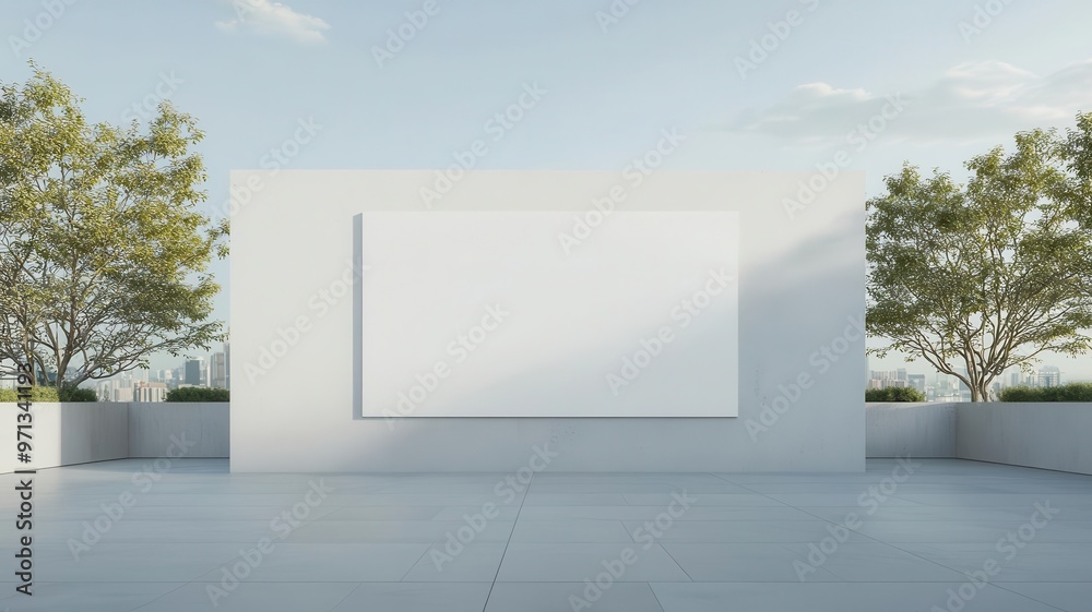 Blank rooftop banner, large poster template on a city mall roof ...