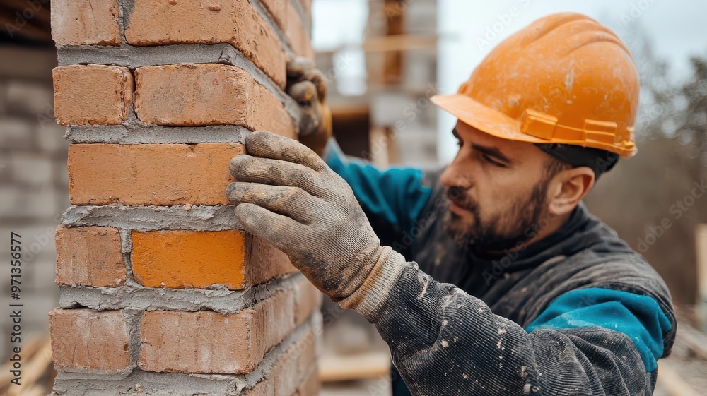 Building a brick chimney, masons constructing the chimney of a new home, Construction process ...