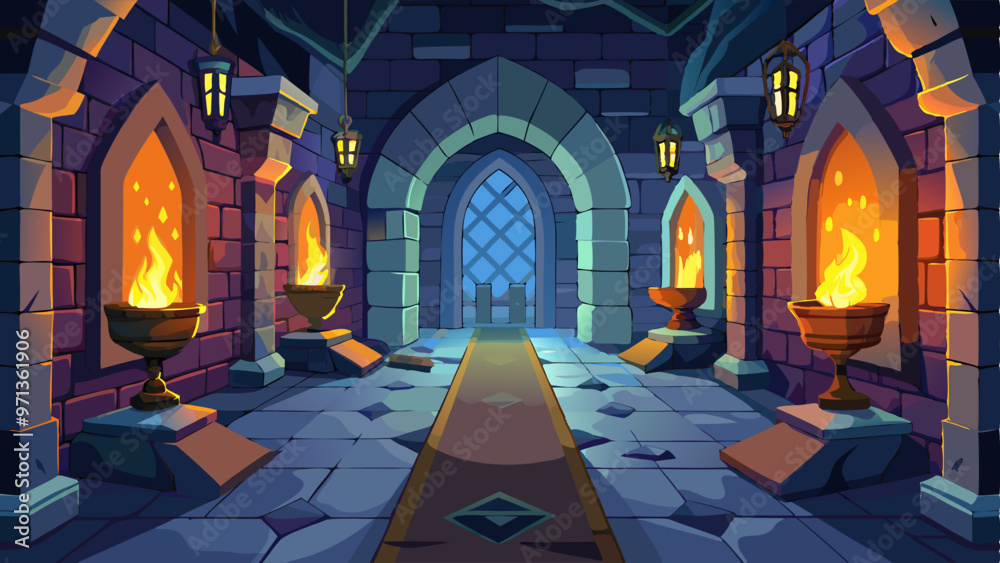 Night medieval stone castle cartoon game background. Mystic dungeon ...