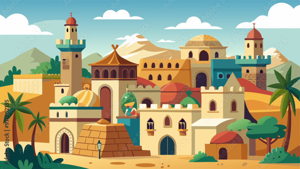 Arab city buildings, islamic town houses, castle and market. Old ...