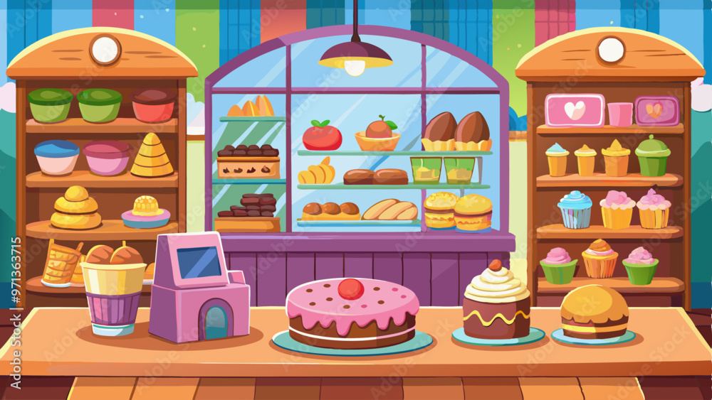 Bakery shop interior with cake and counter inside cartoon background ...