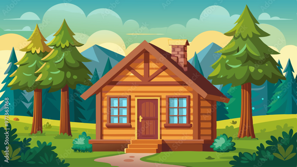 Wooden cabin house cartoon vector illustration set. Small forest shack ...