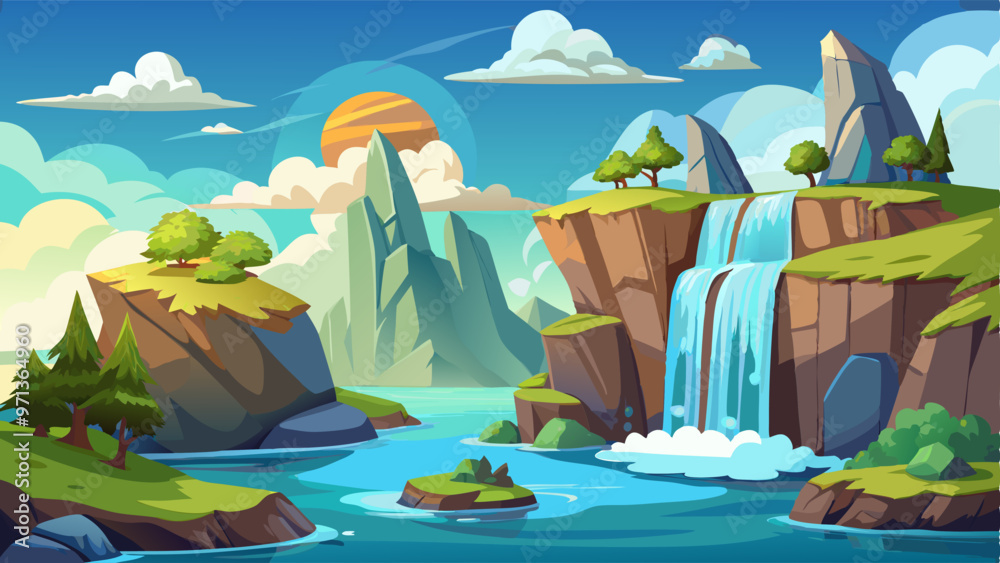 Waterfall cascade stream and rock cartoon icon. Water fall island ...