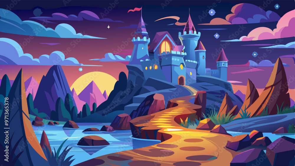Fantasy castle on magic night background. Vector cartoon illustration ...