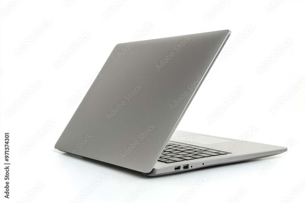 Back view of blank open gray slim laptop isolated on white Stock Photo ...