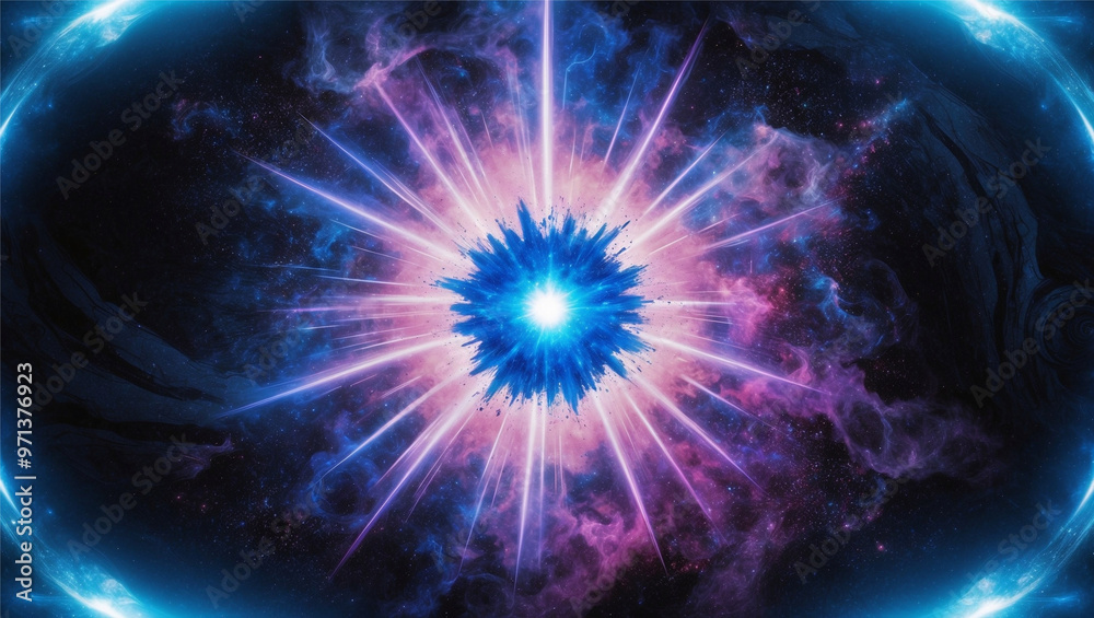 A stunning cosmic explosion emitting blue and purple flares, radiating ...