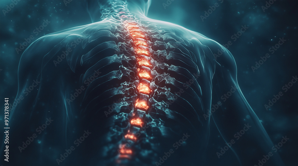 A detailed illustration of the human spine, focusing on pain in one ...