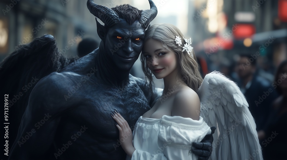 A close-up image of a black demon and a white angel standing side by ...
