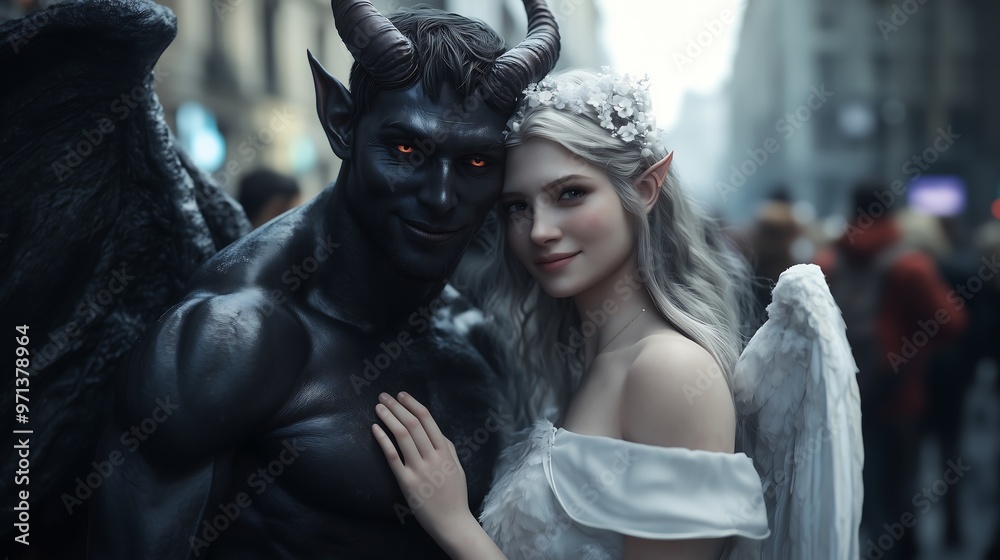 A close-up image of a black demon and a white angel standing side by ...