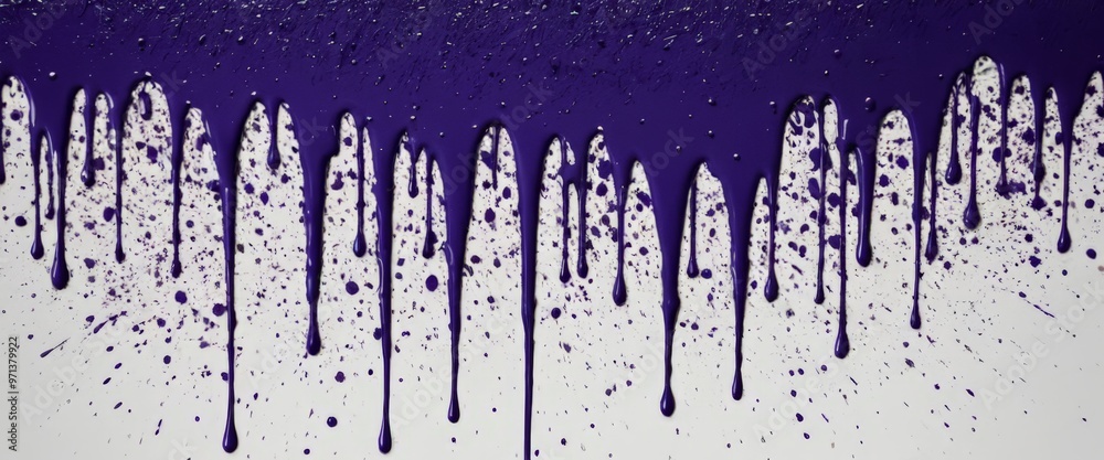 Abstract image of vibrant purple paint dripping down a white background ...