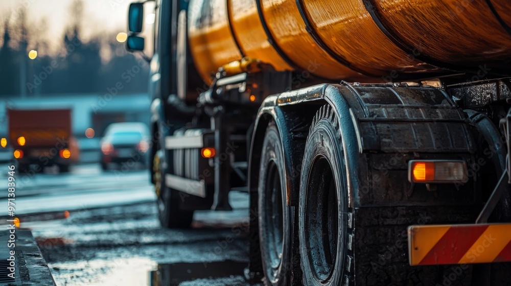 Tanker Truck to transport fuel in industrial petroleum plant. Closeup ...