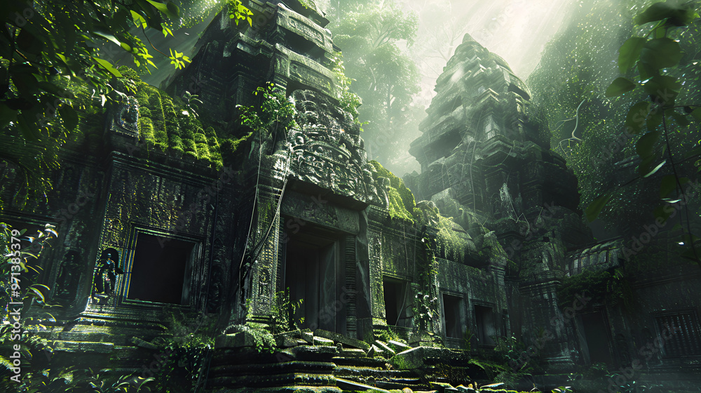 Ancient Temple Enveloped in Mist: A majestic ancient temple shrouded in ...