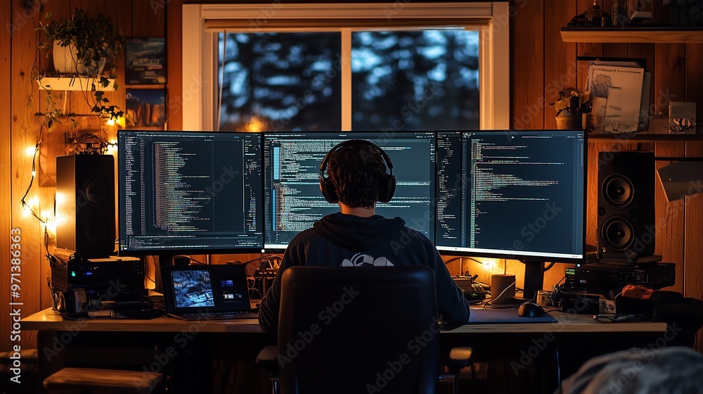Student Learning Coding at Home with a Computer and Notepad Stock Photo ...