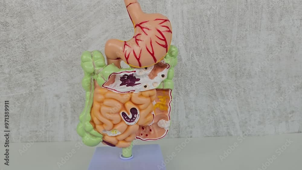 A detailed anatomical model showcasing the human digestive system with ...