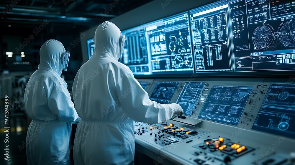 Engineers in safety suits inspecting the control room of a nuclear ...