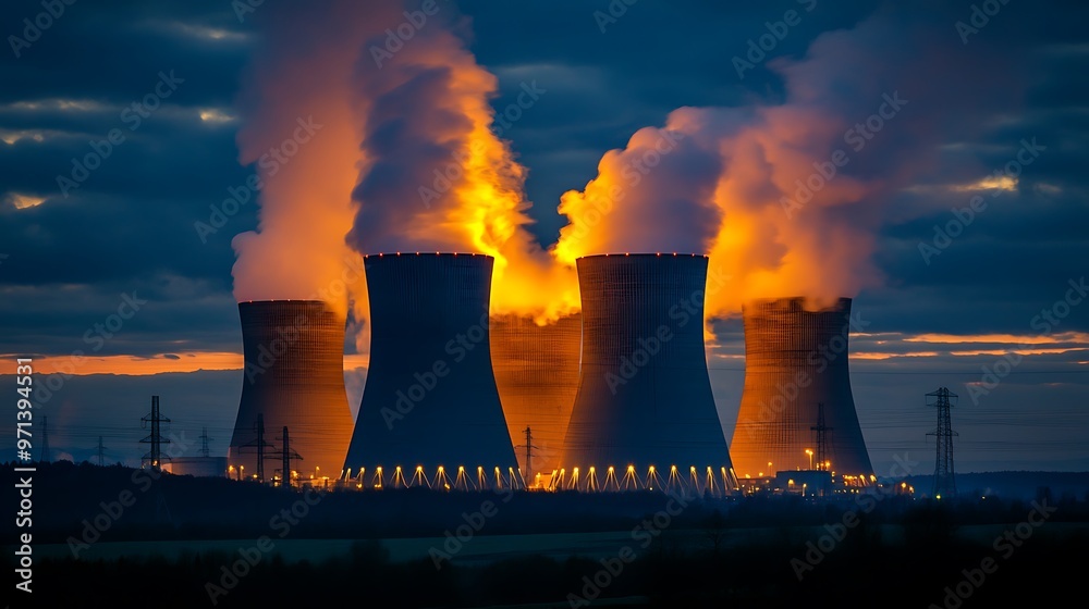 Evening view of a nuclear power plant, with cooling towers illuminated ...
