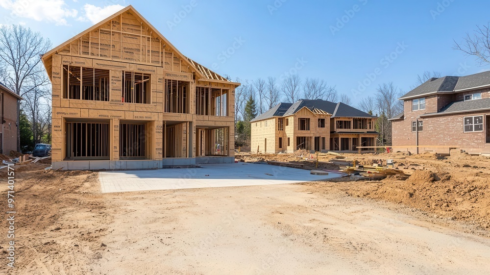 House under construction in suburban neighborhood, multiple homes being ...