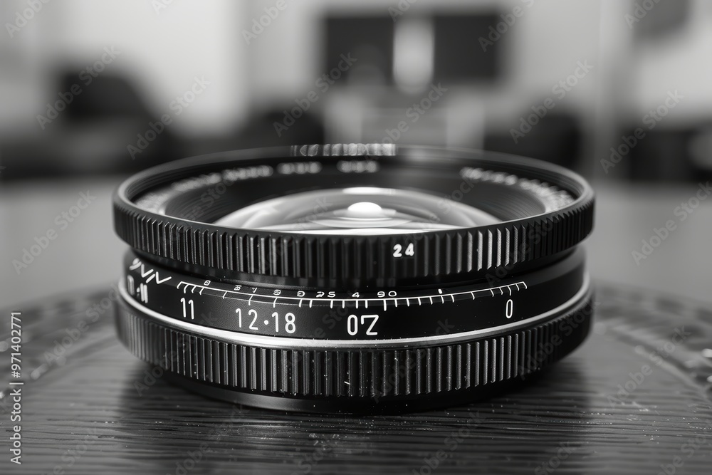 A close-up black and white photograph of a camera lens placed on a ...