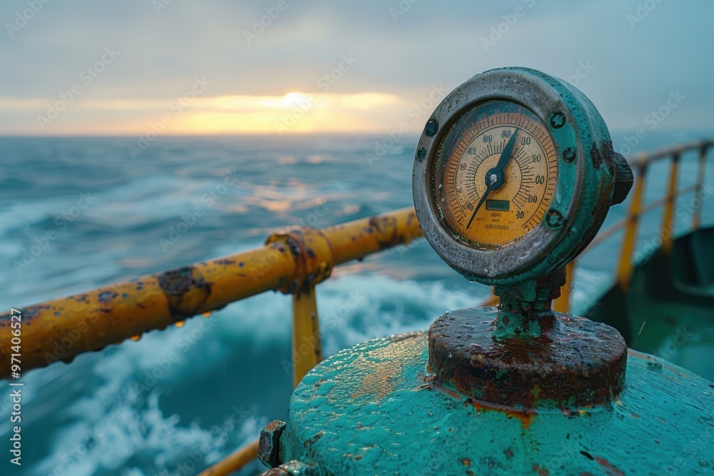 Rusty aging pressure gauge on an old weathered maritime vessel ...