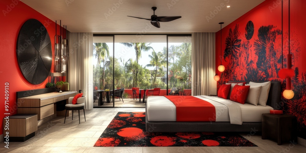 A beautifully designed modern hotel room with a red and black themed ...