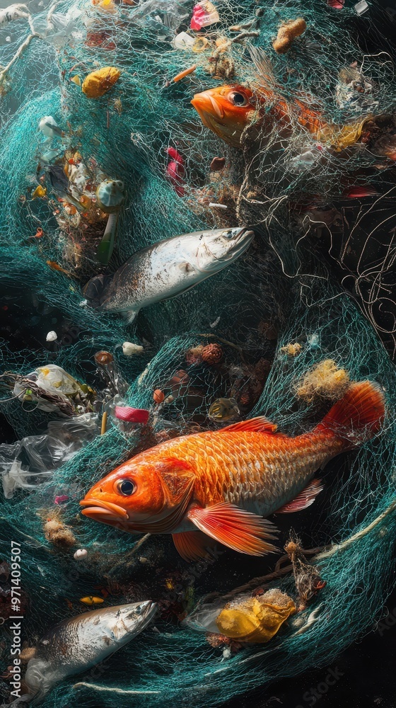 Pollution Crisis in the Seas: Fishing Net Filled with Fish and ...