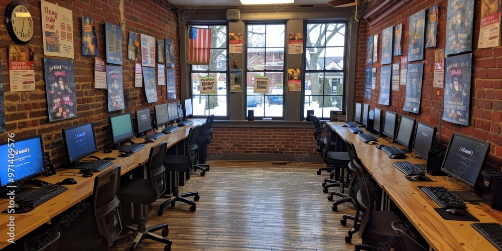 This image depicts an organized computer lab with numerous workstations ...
