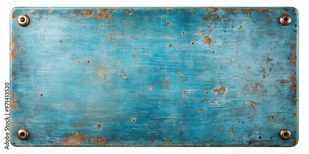 Weathered rustic blue metal plate with scratches and holes, perfect for ...
