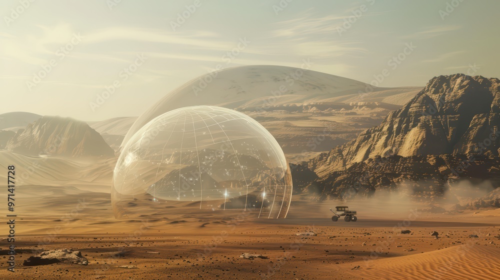 Futuristic landscape showcasing a transparent dome structure on a ...