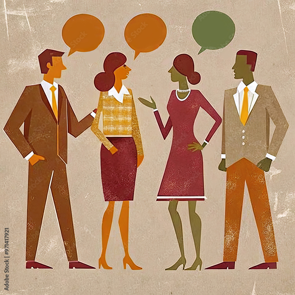 Women and men in business suits are having a discussion, with speech ...