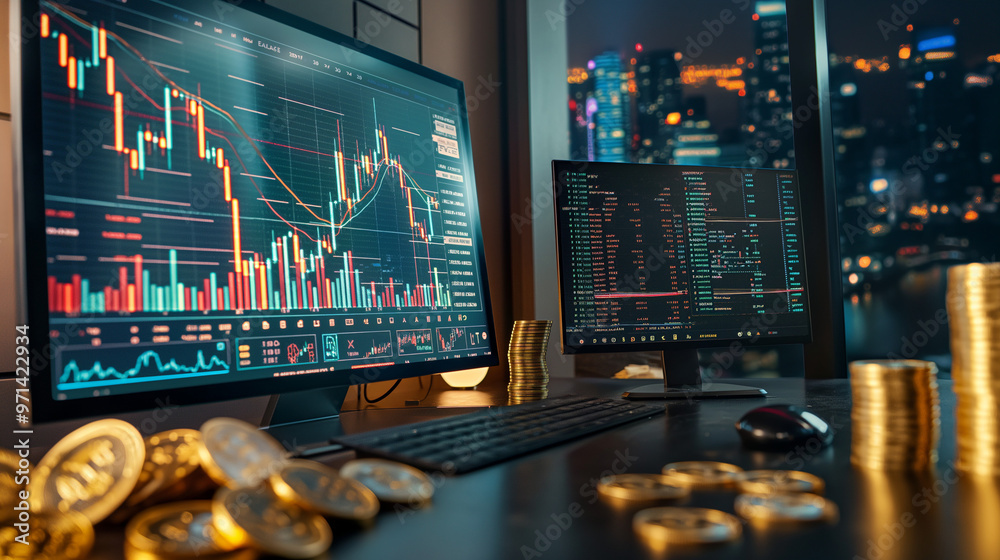 Realistic stock market screen on an table pc monoblock with bitcoin ...