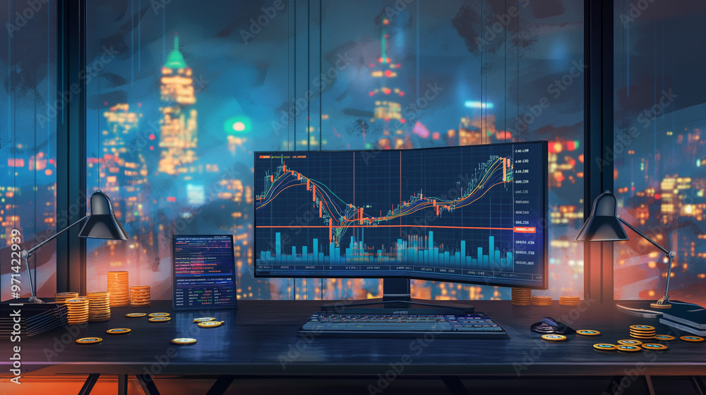 Stock market screen on an table pc ith bitcoin logos and trading charts ...