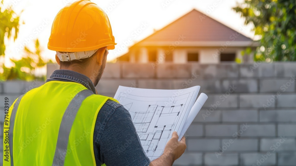 Worker checking house blueprints, construction worker reviewing ...