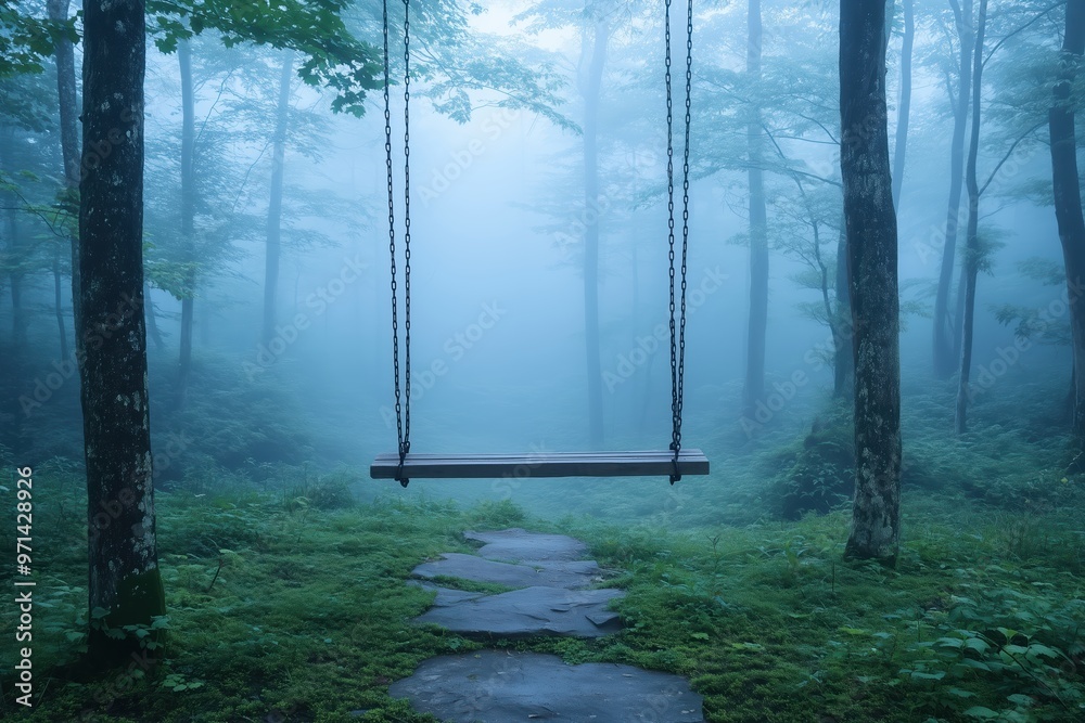 Swinging into Serenity: A solitary swing hangs gently in the misty ...