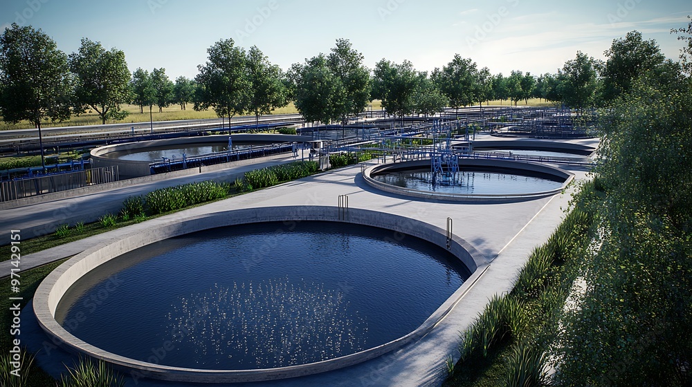 Industrial wastewater treatment basins surrounded by walkways and ...