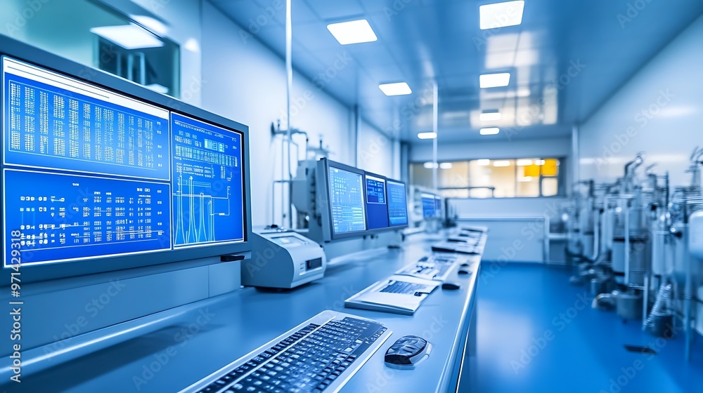 Interior of a control room in a wastewater treatment plant, with ...